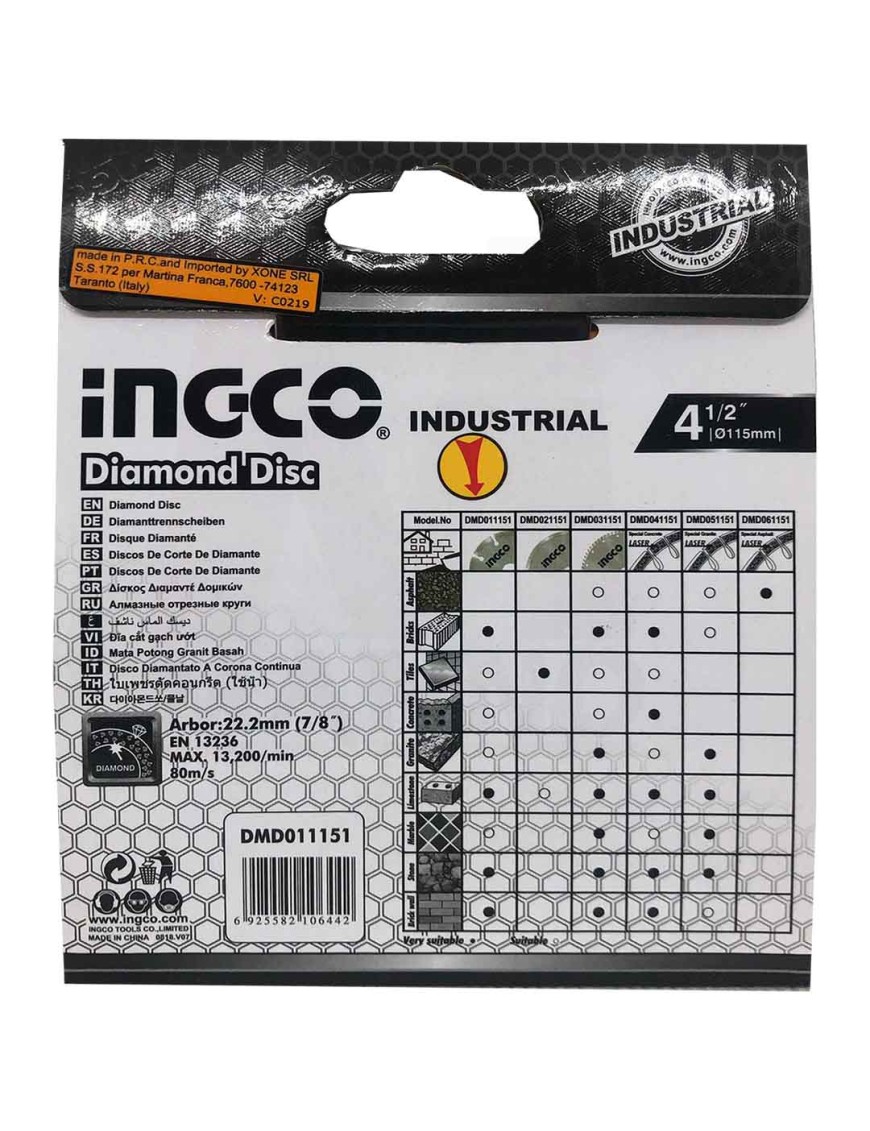 Ingco DMD011151 Disco diamantato 115mm Granito Marmo Ceramica Piastrelle Pietra Mattoni
